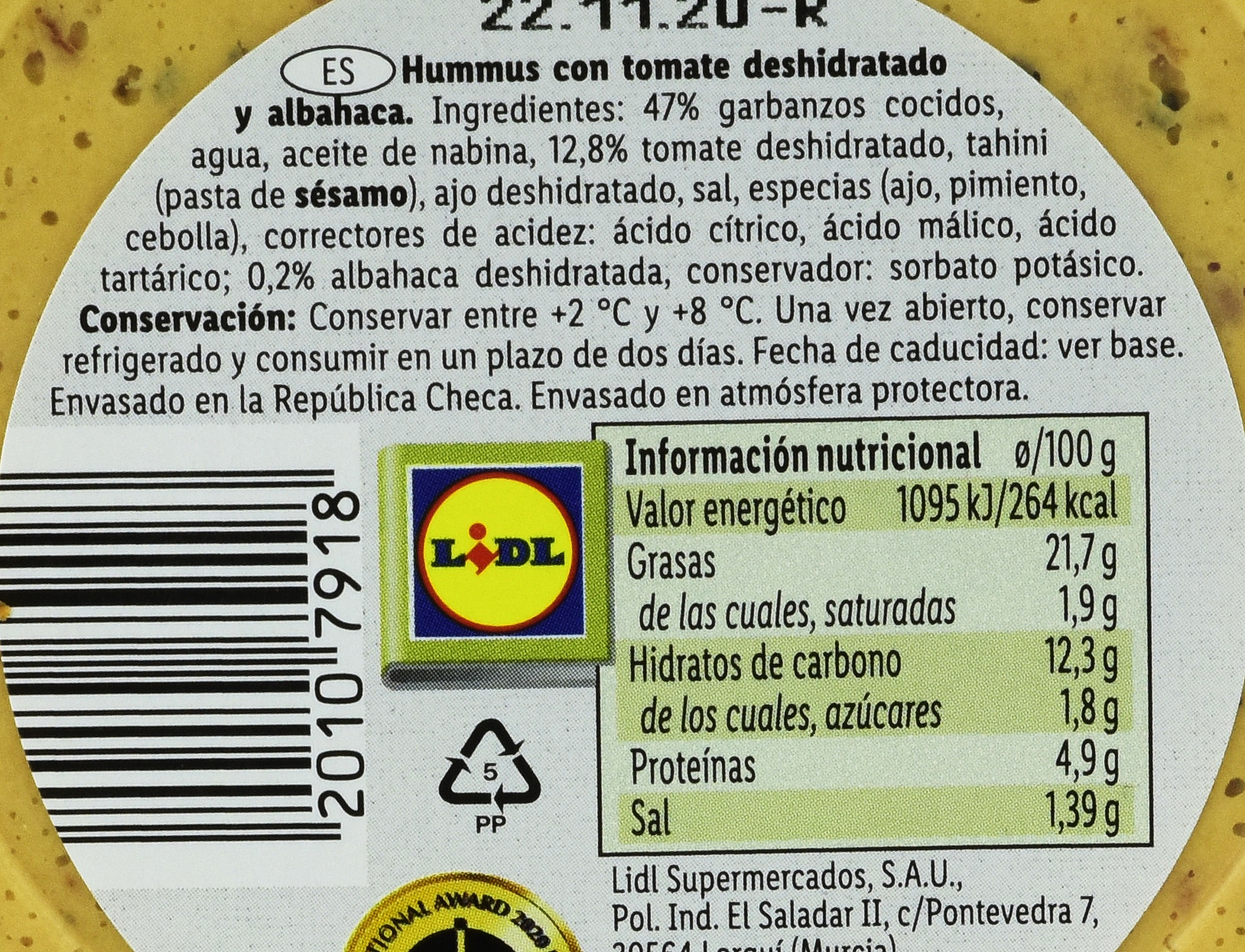 Valor nutricional de CHEF SELECT (LIDL) HUMMUS TOMATE Y ALBAHACA. | OCU