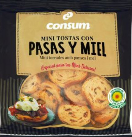 Pan tostado CONSUM MINI TOSTAS CON PASAS Y MIEL: todos los detalles