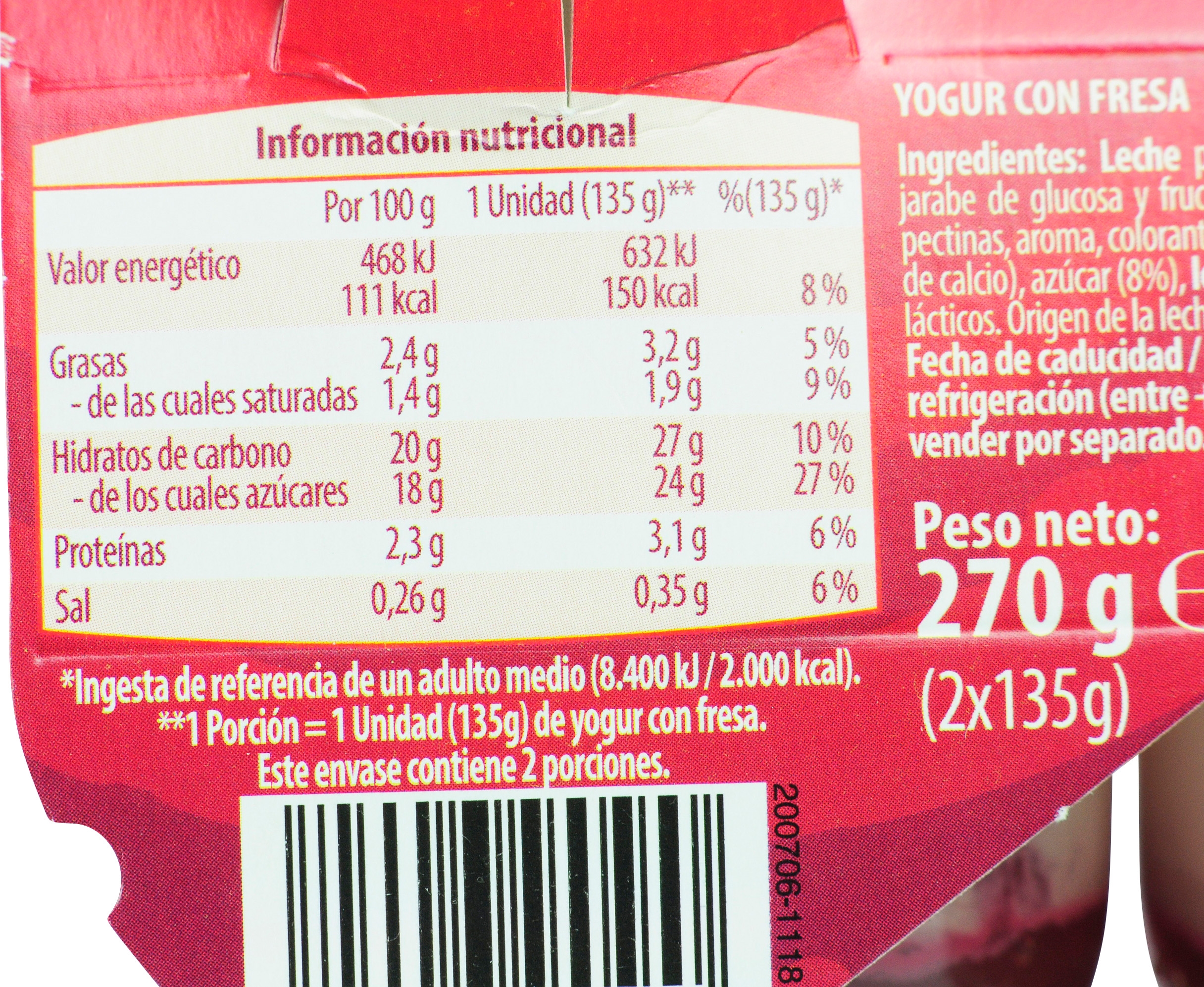 MILSANI (ALDI) YOGUR CON FRESA.: valor nutricional